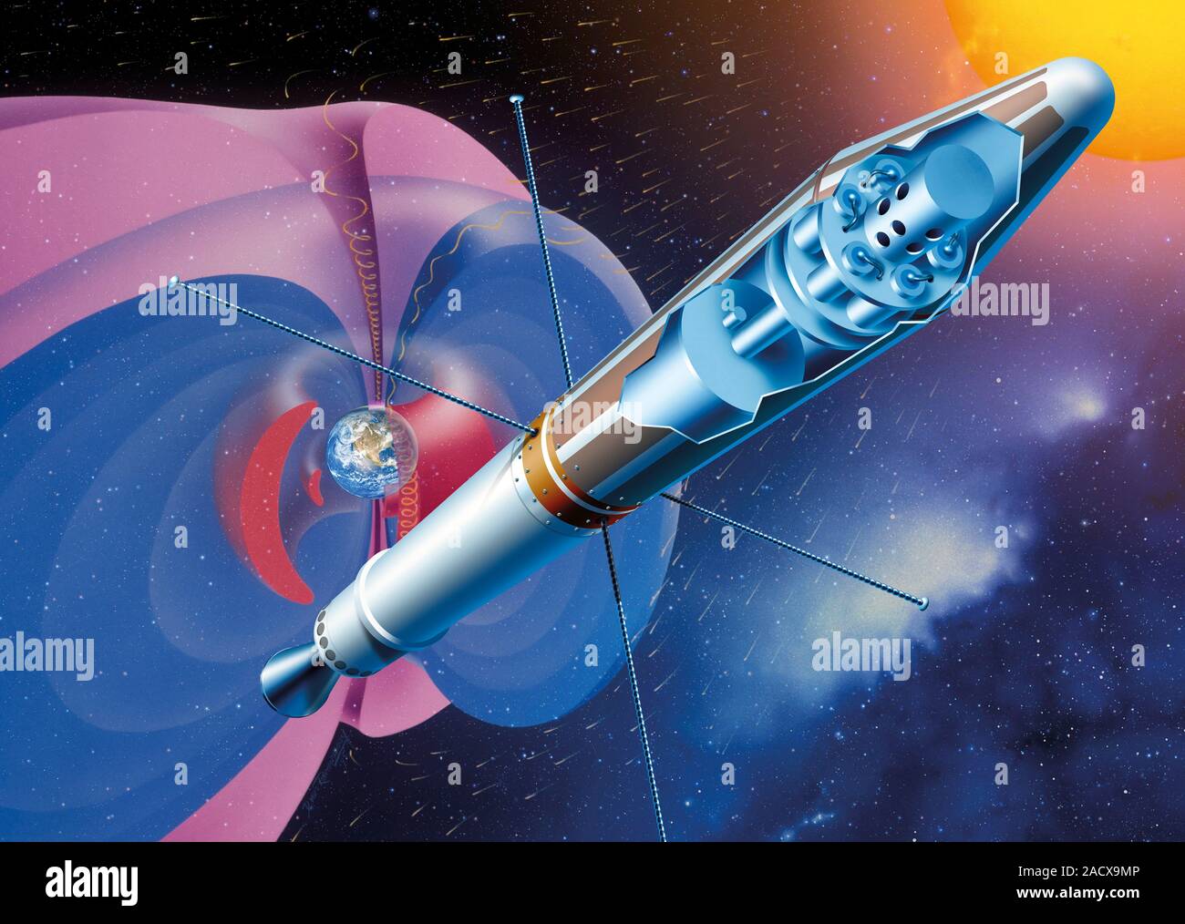 US Explorer 1 satellite and Earth's radiation belts, artwork. Explorer ...