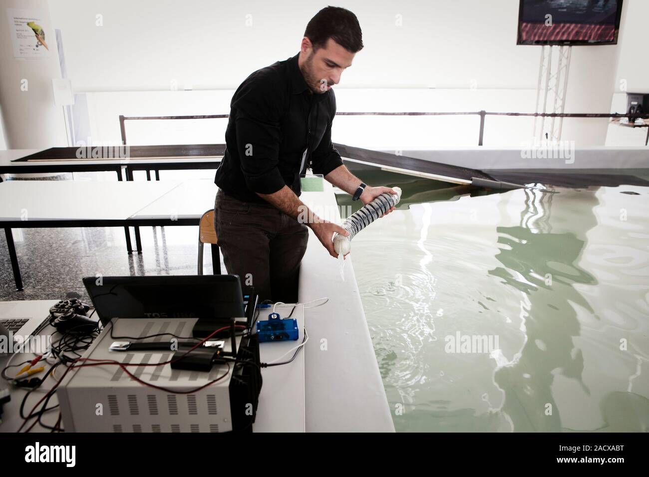 Researcher testing an amphibious snake-like robot, or snakebot. Snakes ...