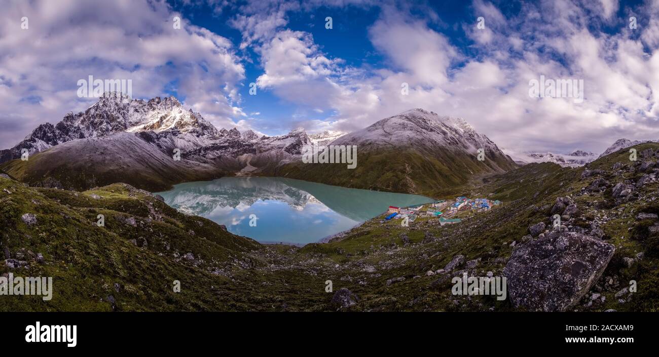 Panoramic view over Gokyo Lake, Gokyo village, Gokyo Ri summit and the ...