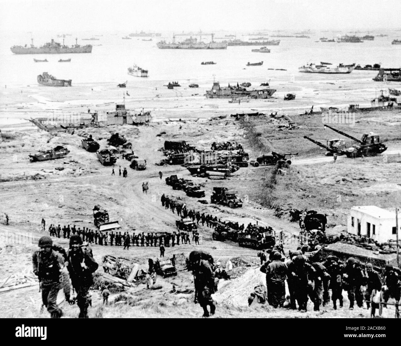 D-Day landings beachhead. Build-up of troops and reinforcements at the ...