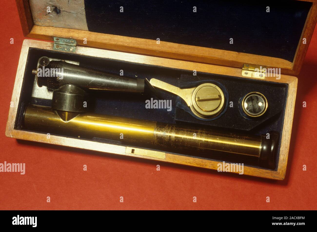 Beale's ophthalmoscope in its case. The ophthalmoscope is used for the ...