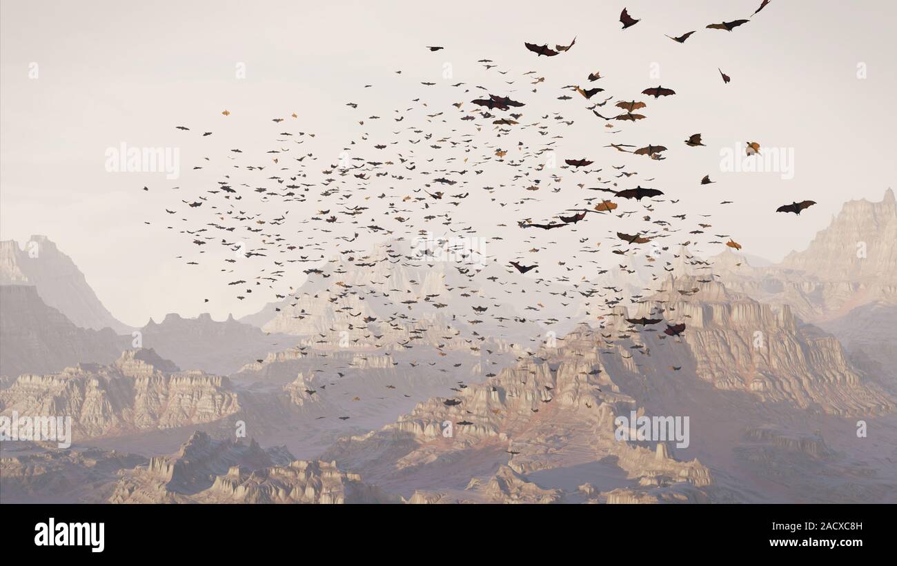 giant group of flying bats, mega bats in the sky Stock Photo - Alamy