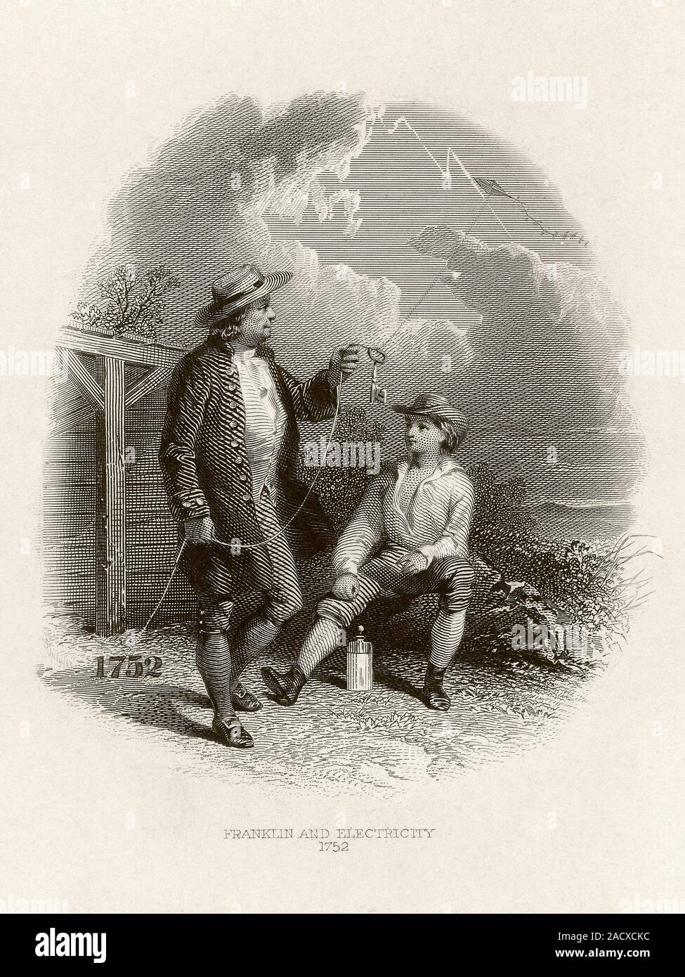 Franklin's lightning experiment. Historical artwork of the US scientist ...