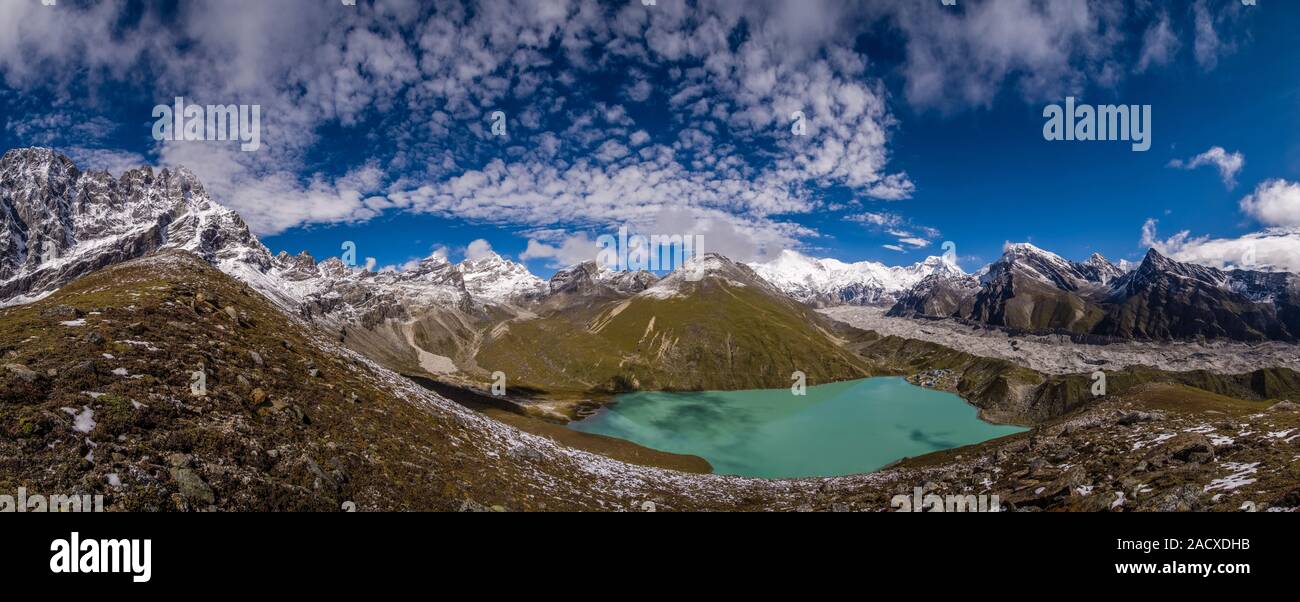 Panoramic view over Gokyo Lake, Gokyo village, summits of Gokyo Ri and ...