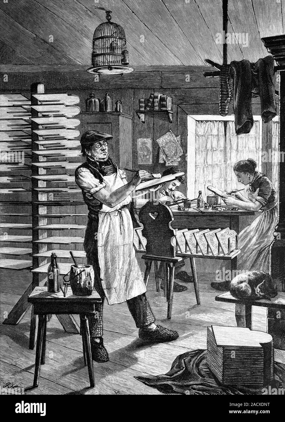Clock dial painters. Engraving from 1880 of a workshop in the Black ...
