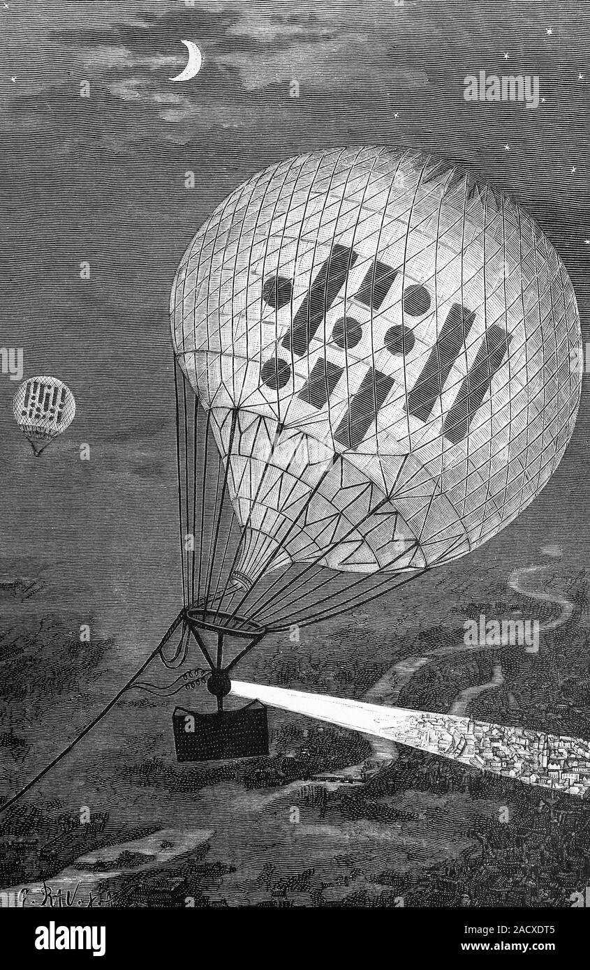 Signal balloons. Engraving from 1880 of hot air balloons with Morse ...