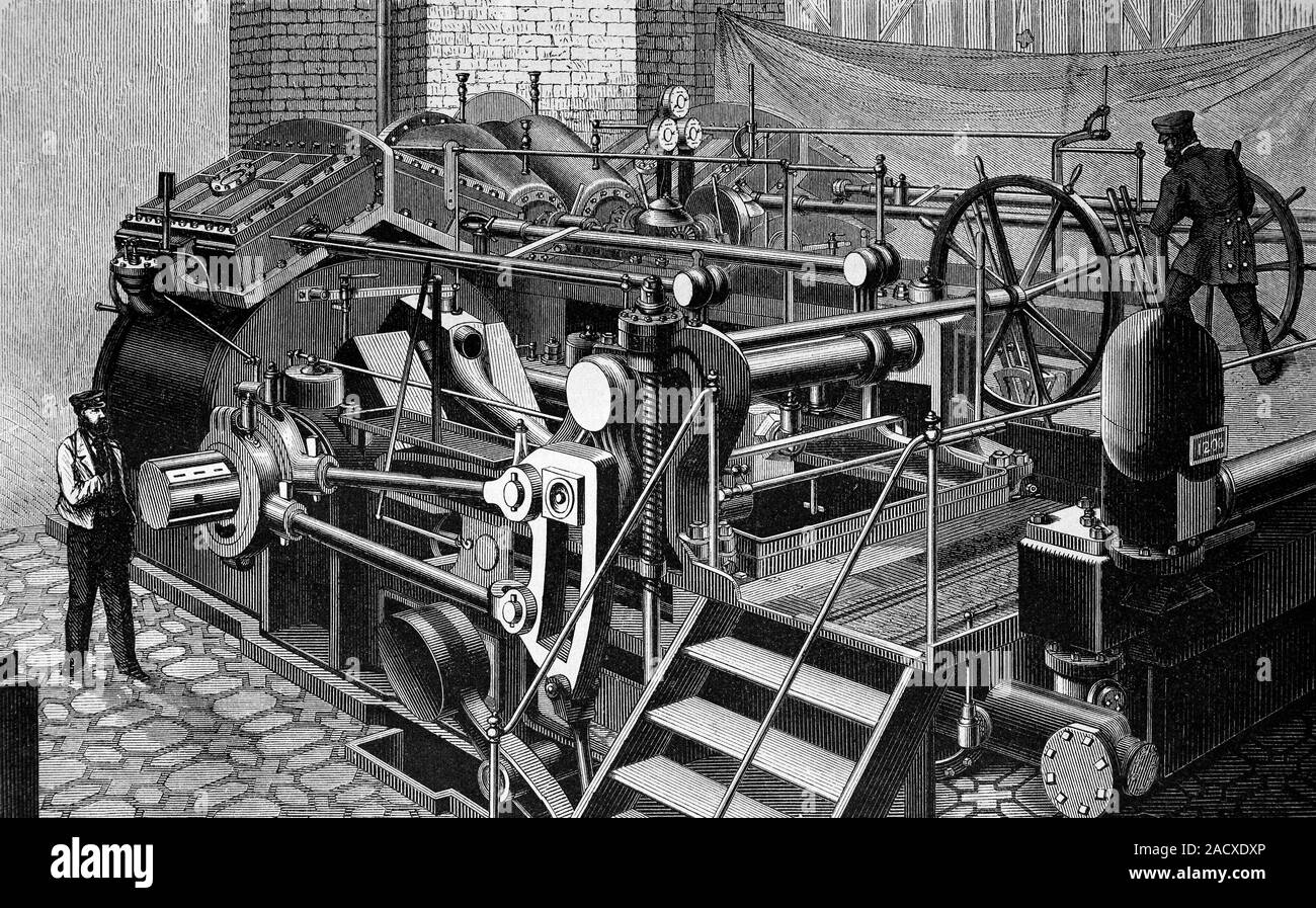 Warship engine. Engraving from 1877 of a steam engine from a warship ...