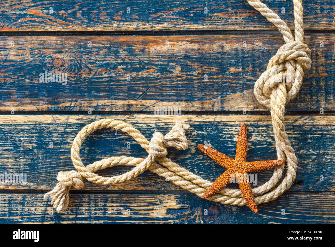 Sea background with starfish and marine rope Stock Photo - Alamy