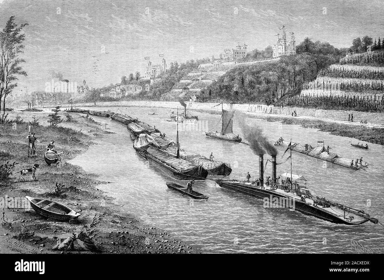 Chain boat and barges. Engraving from 1865 of a chain boat (bottom ...