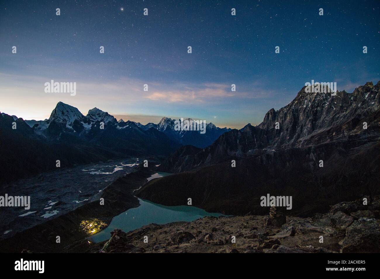 Panoramic aerial view over Gokyo Lake, the village and Ngozumpa glacier ...