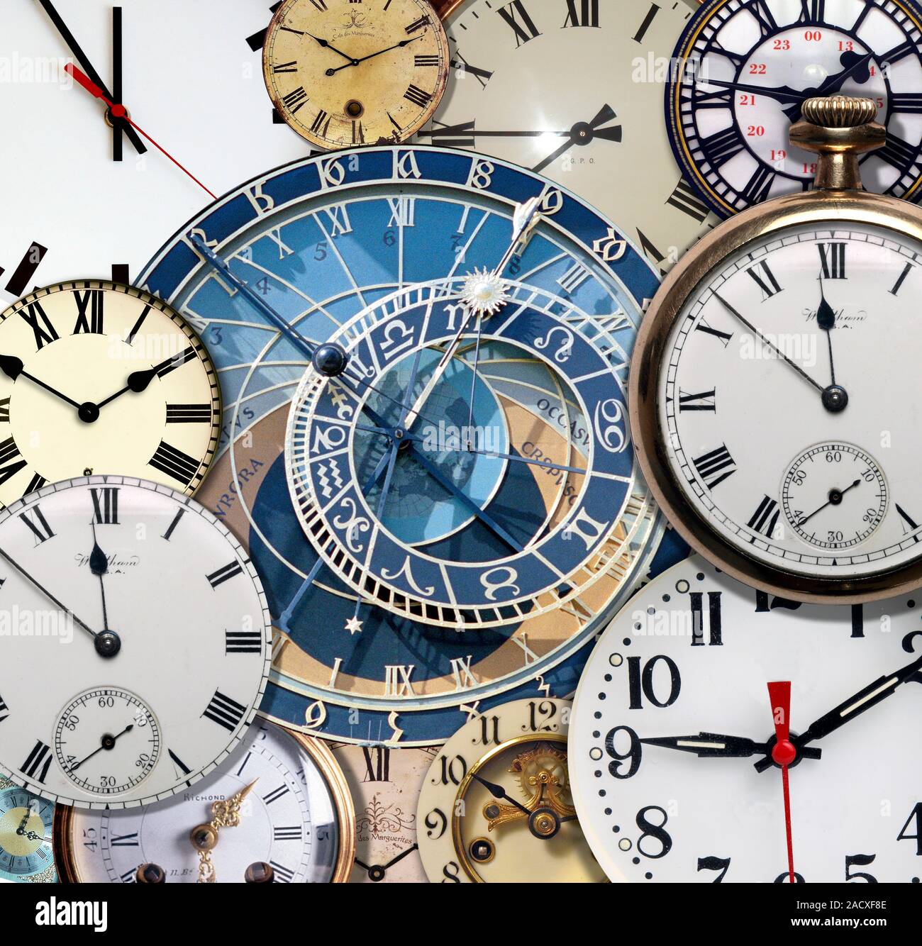 Clock faces, including an astronomical clock (blue Stock Photo - Alamy