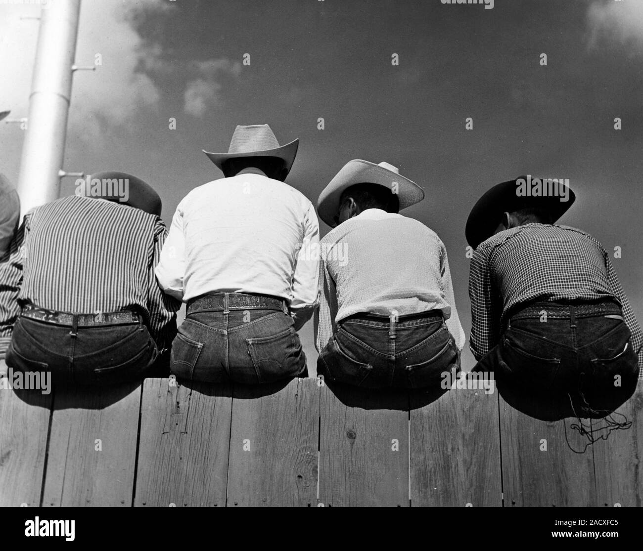 Rodeo spectators. Rear view of four people watching a Native American ...