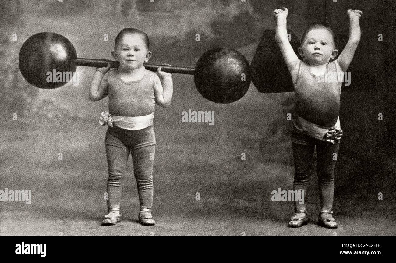 Weightlifting dwarfism exhibits. Twins Matjos and Bela (originally from ...