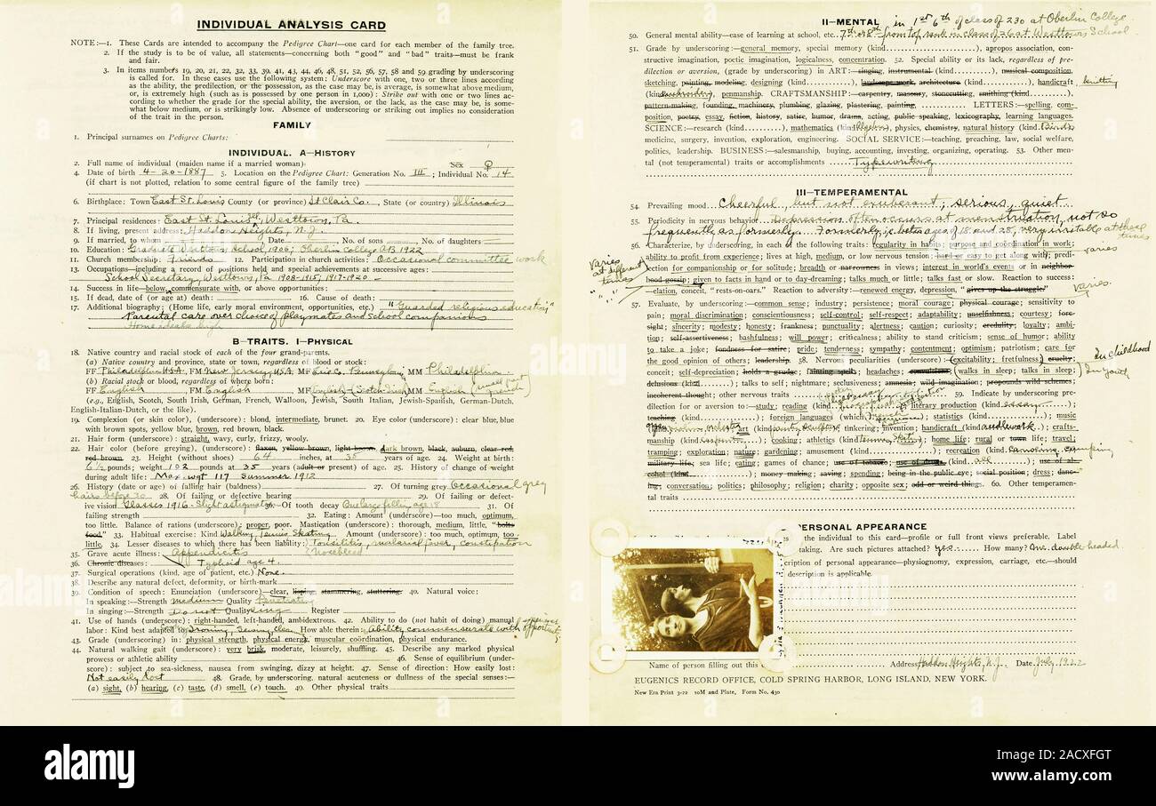 Eugenics data collection. Individual analysis card from the ...