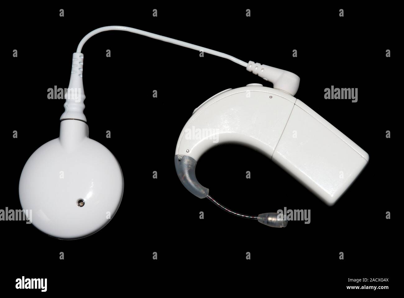 The external parts of a cochlear implant hearing aid. The right hand ...