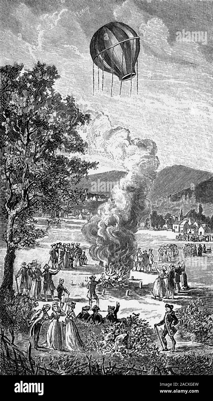First hot air balloon demonstration, engraving. On 5 June 1783, the ...