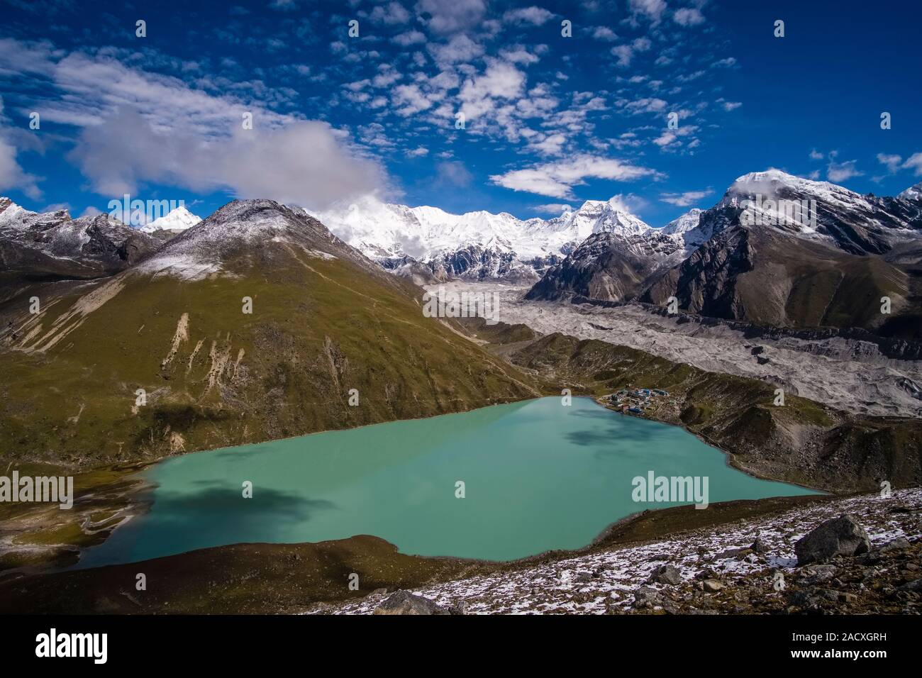 Panoramic aerial view over Gokyo Lake, the village, Gokyo Ri and ...