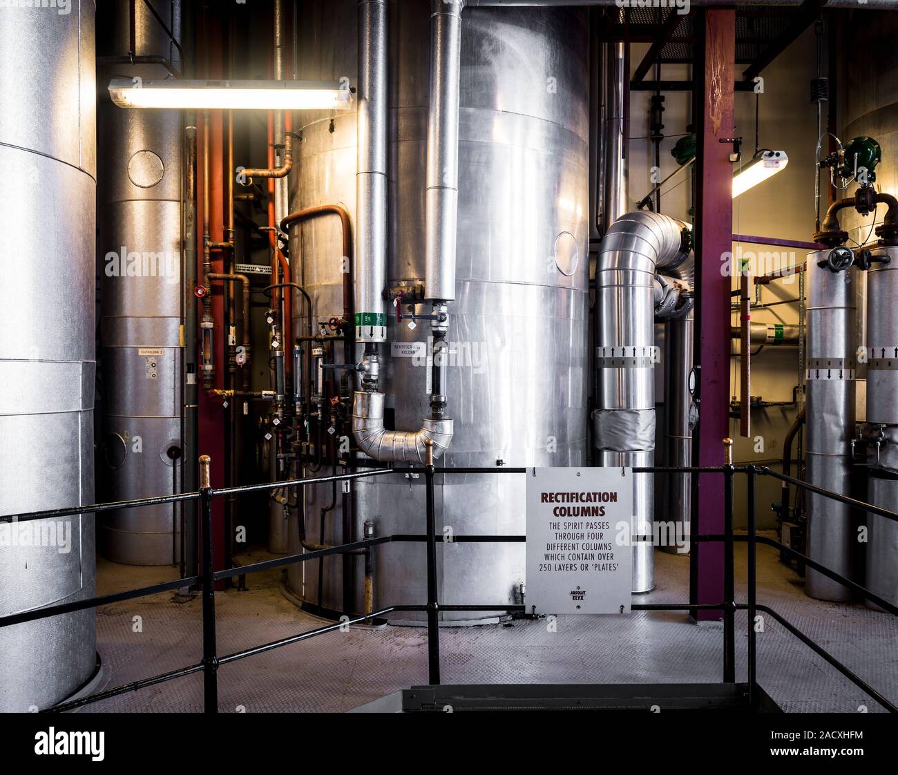 Rectification columns in a vodka distillery. Photographed at the ...