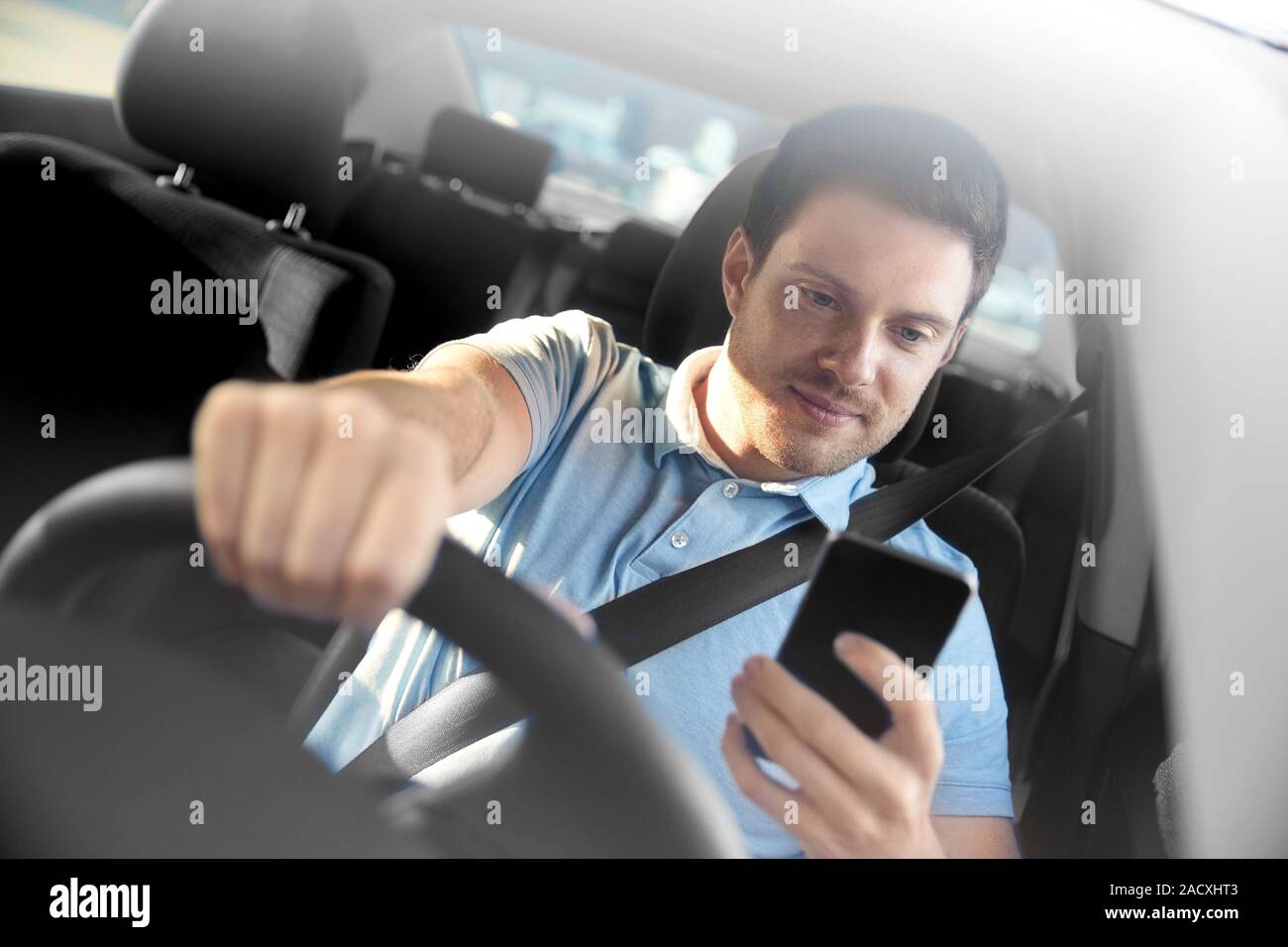 transport, vehicle and technology concept - smiling man or driver ...