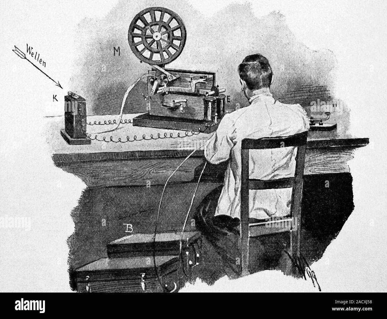Telegraphy receiving station, engraving from 1880. The message that is ...