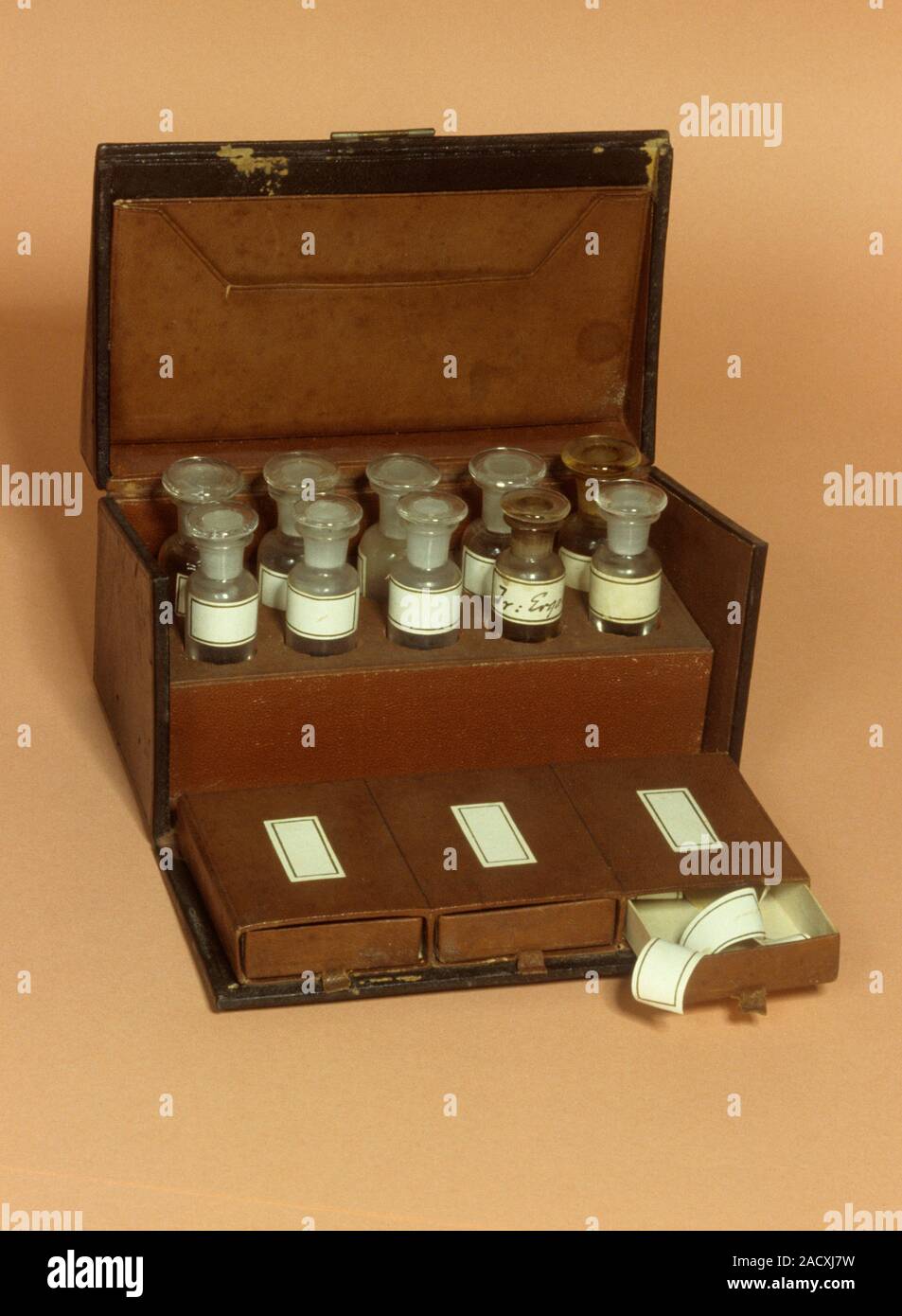 Medicine box with ten glass stoppered tincture bottles. Tincture ...
