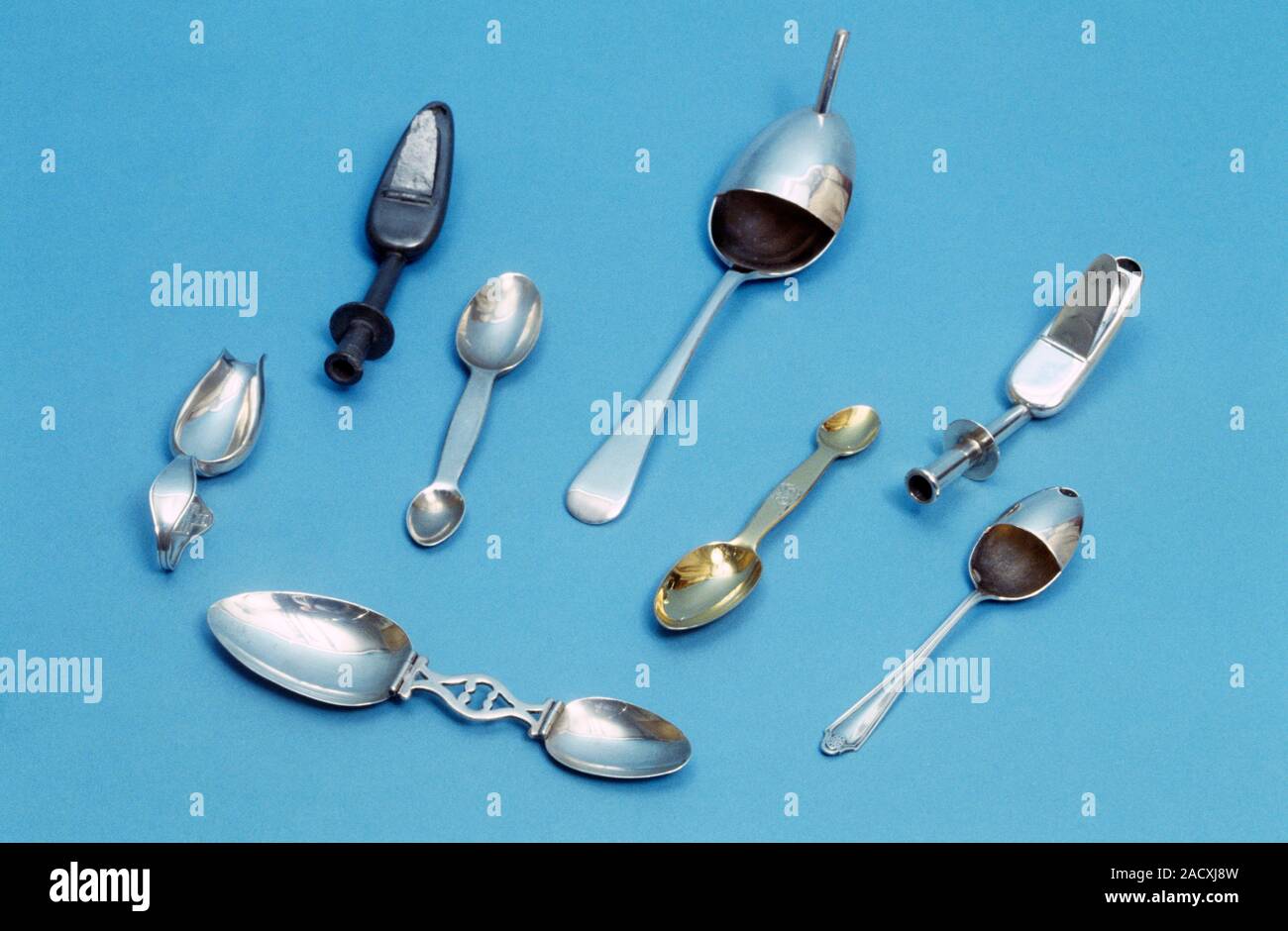 Collection of eight medicine spoons in various forms. These were used ...