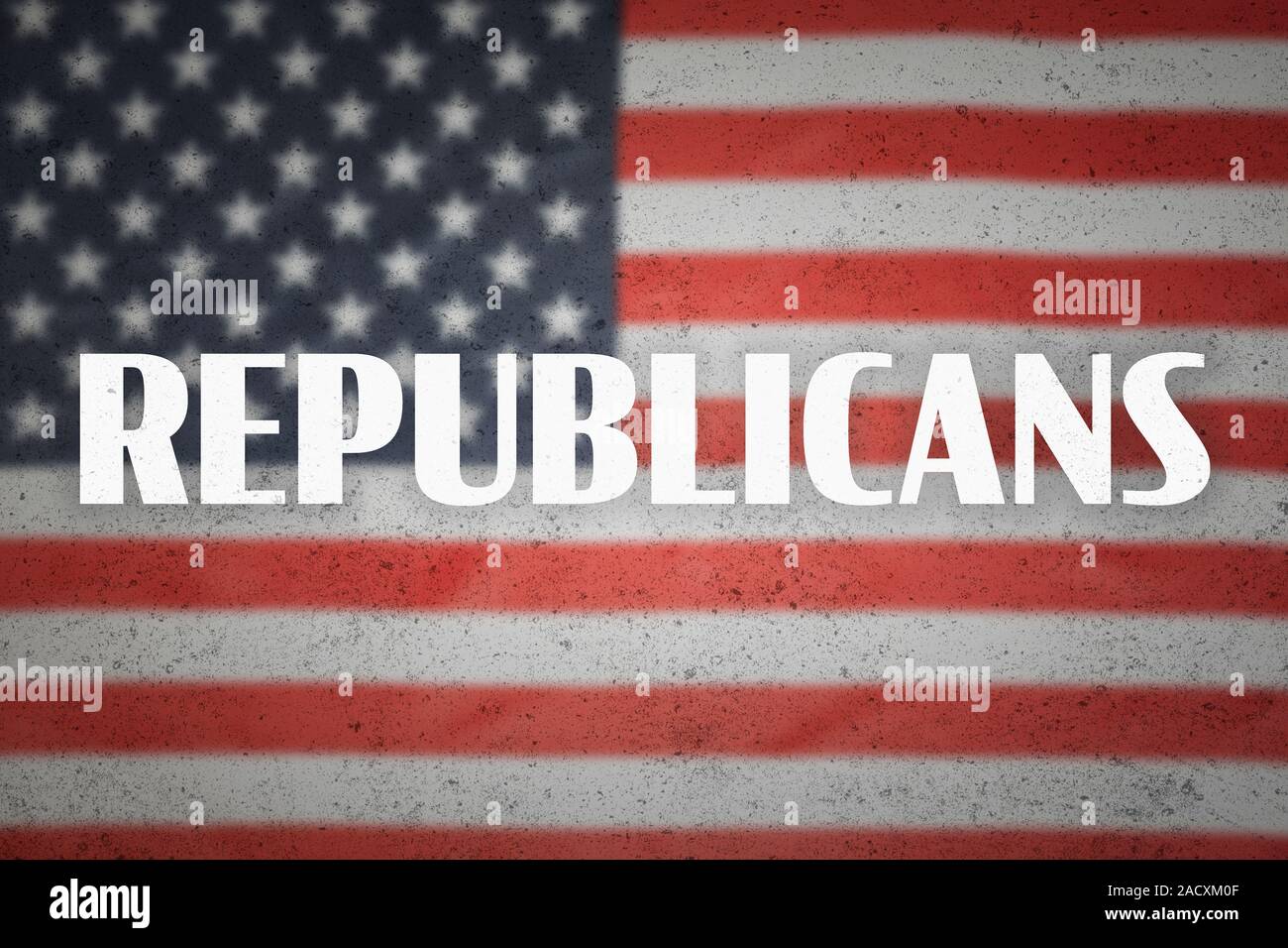 Word "Republicans" on blurred American flag. American political system ...