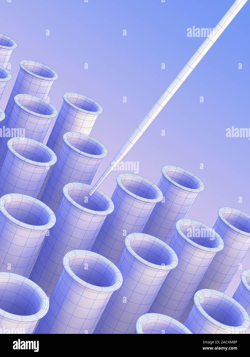 Laboratory glassware. Glass test tubes and a pipette at top being used ...