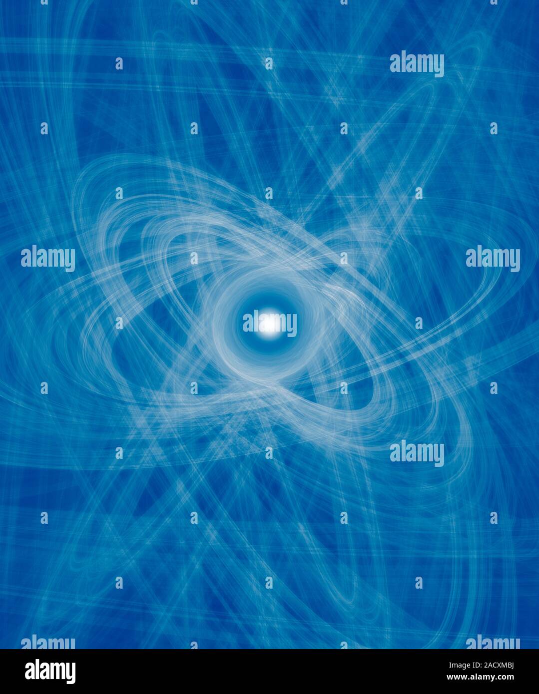 Conceptual artwork of an atomic nucleus. The central glow represents ...
