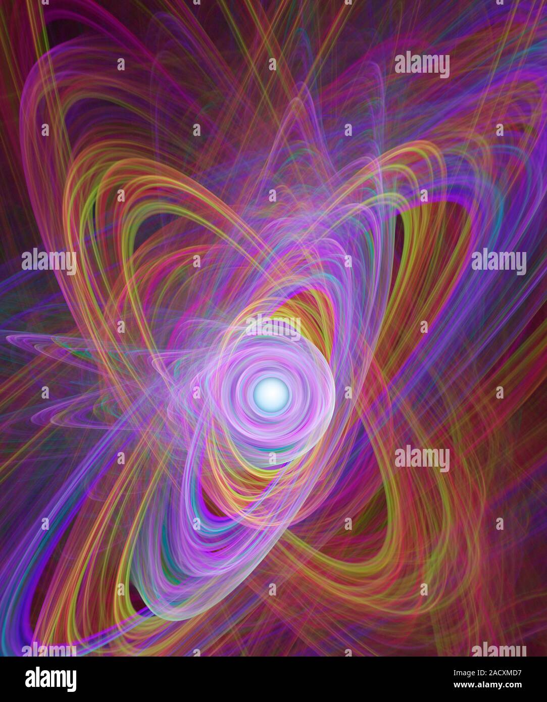 Conceptual computer artwork of an atomic nucleus. The central glow ...