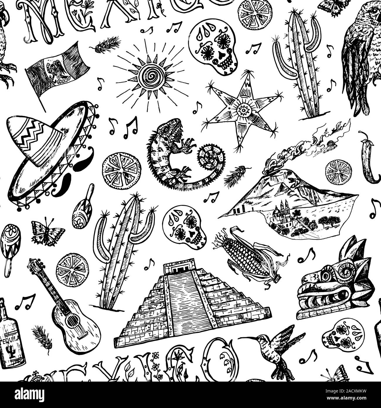 Mexico Seamless pattern in vintage style. Traditional national costume on a woman, animals ...