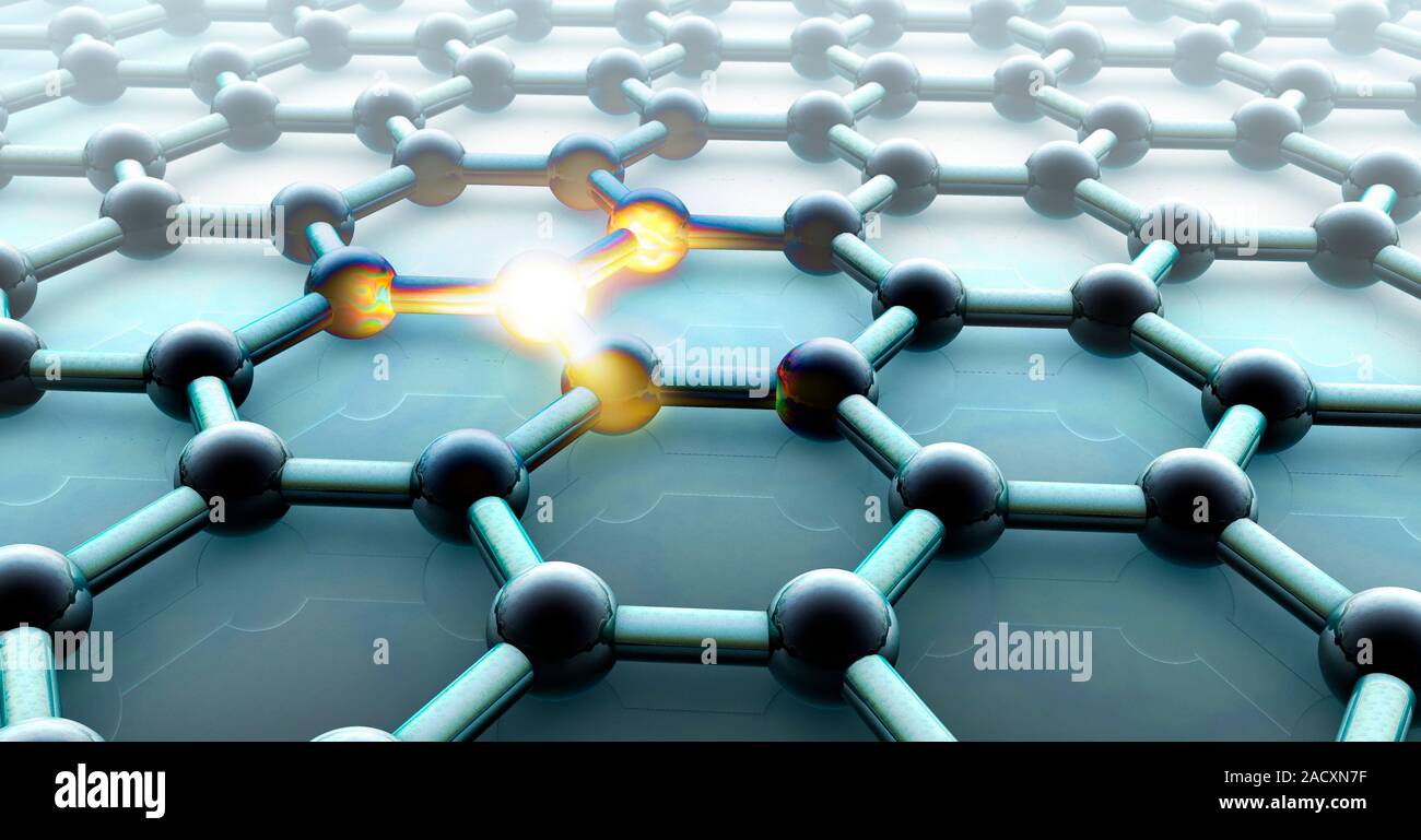 Graphene. Computer model of the molecular structure of graphene, a single layer of graphite. It ...