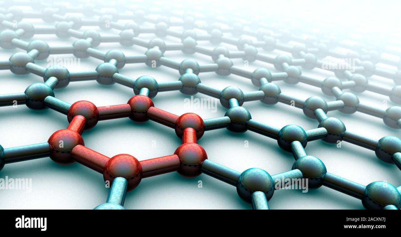 Graphene. Computer model of the molecular structure of graphene, a single layer of graphite. It ...
