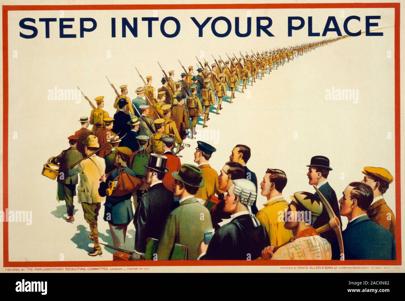 World War I (1914-1918) recruitment poster showing men from all walks ...