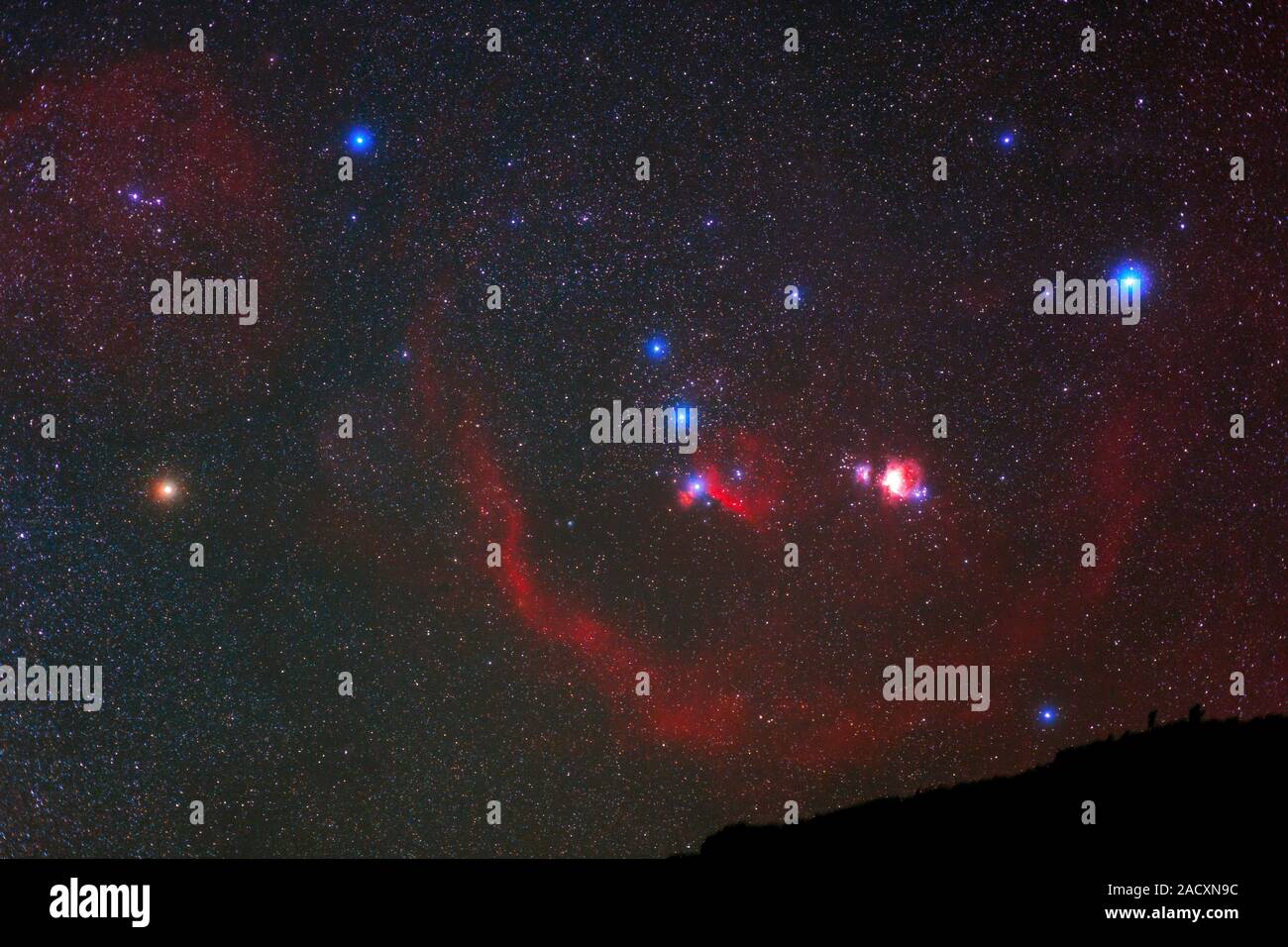 Optical image of the constellation of Orion and Barnard's Loop (red ...