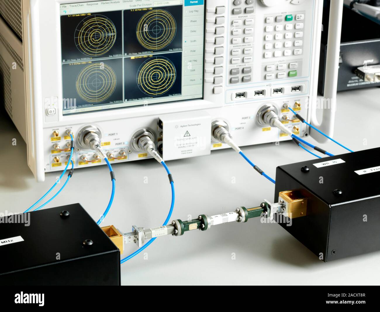 Millimetre radio waveguide testing. This dielectric waveguide (lower ...