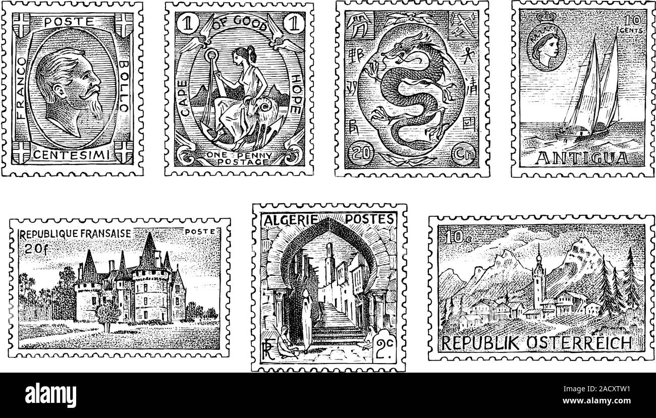 Vintage Postage stamps set. Ancient landscapes, dragon and sailing ship ...