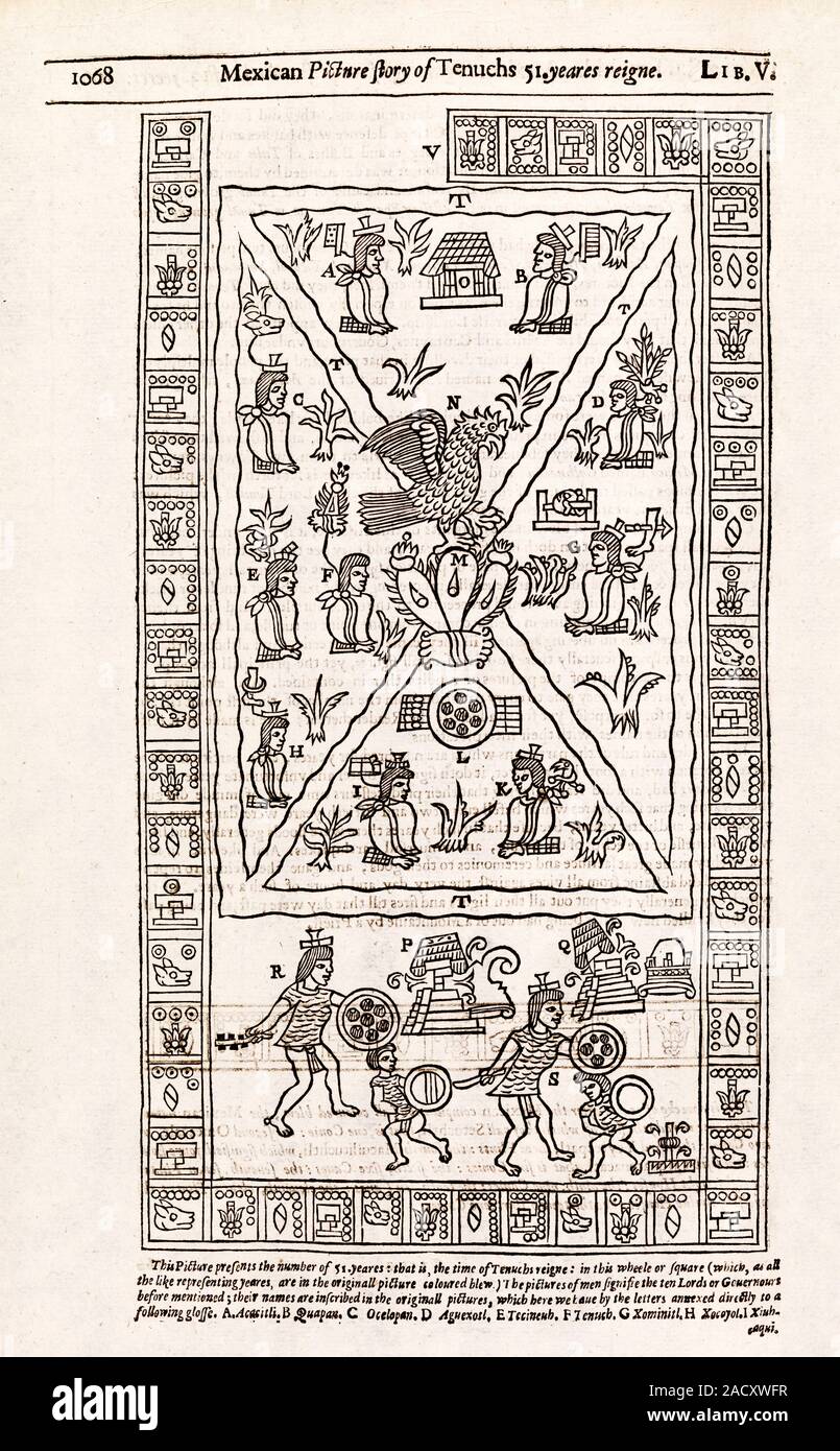 Reign of Aztec ruler Tenoch. 17th-century Aztec picture story of the 51 ...
