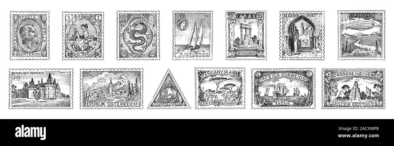 Vintage Postage stamps set. Ancient landscapes, dragon and sailing ship ...