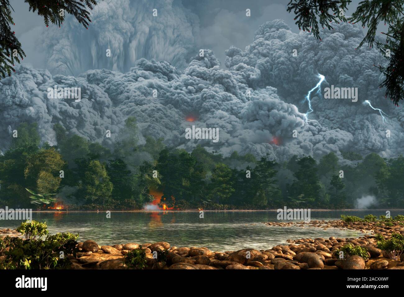 Artwork of a pyroclastic flow destroying a forest. A pyroclastic flow ...