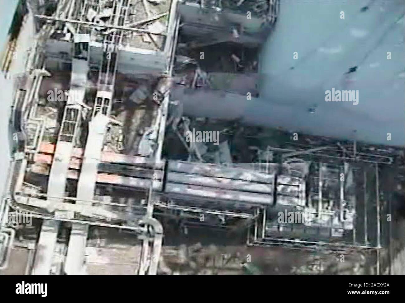 Fukushima nuclear disaster. View of a damaged area of the Fukushima ...