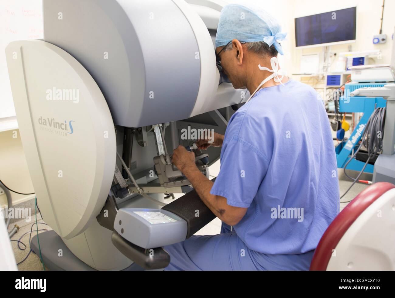 Surgeon performing a da Vinci Robotic prostatectomy (removal of all or ...