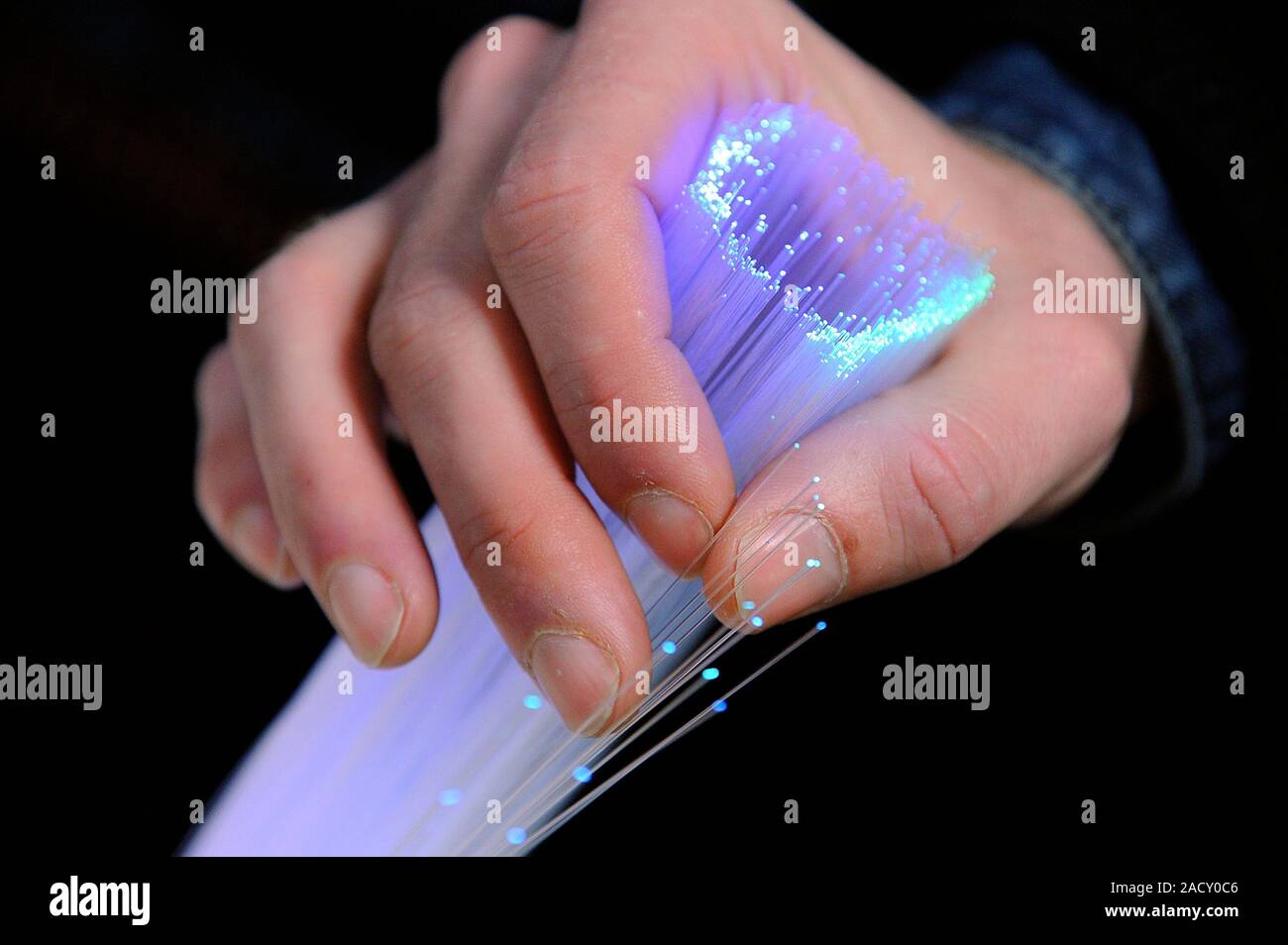 Optical fibres emitting light. These fibres are for a high-speed ...