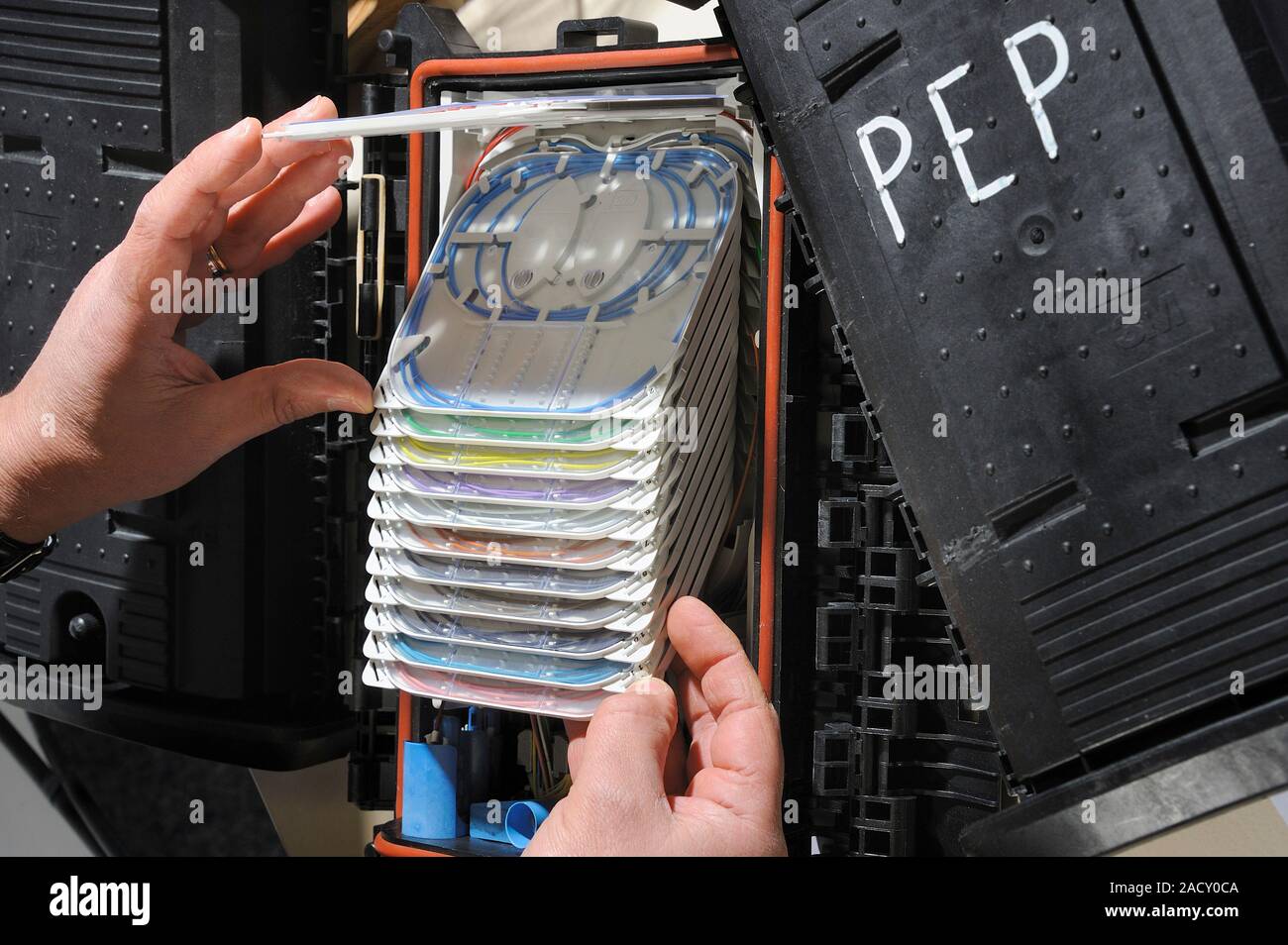 Optical fibre network connection box. Final connection box for optical ...