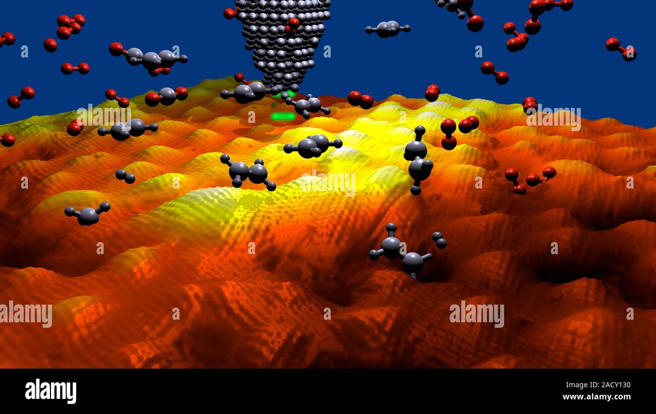 Nanomolecules on graphene. Computer graphic showing the tip of a ...