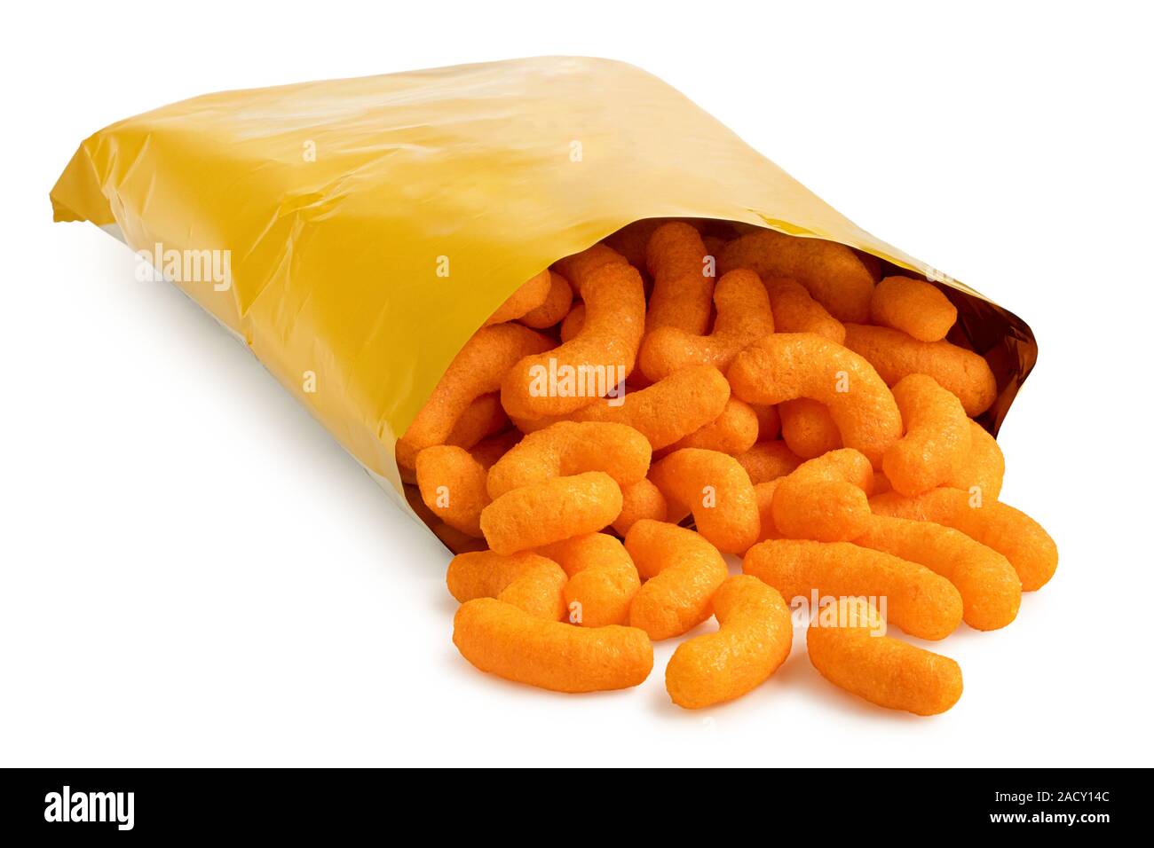 Open packet of extruded cheese puffs spilling out isolated on white ...