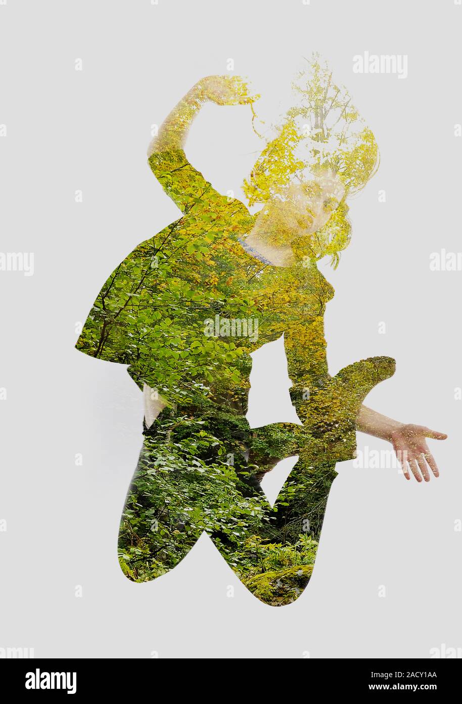 double exposure of nature and young woman dancing Stock Photo - Alamy