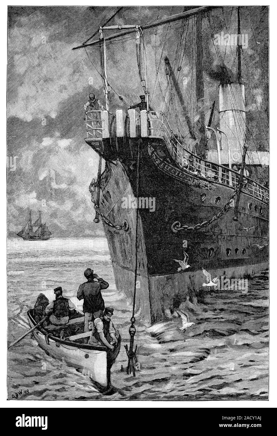 Repairing submarine telegraph cable, 19th-century artwork. Telegraph ...