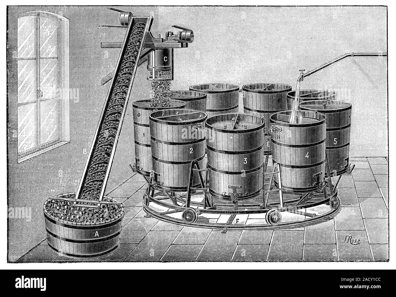 Cider production. 19th-century artwork of an invention developed for ...