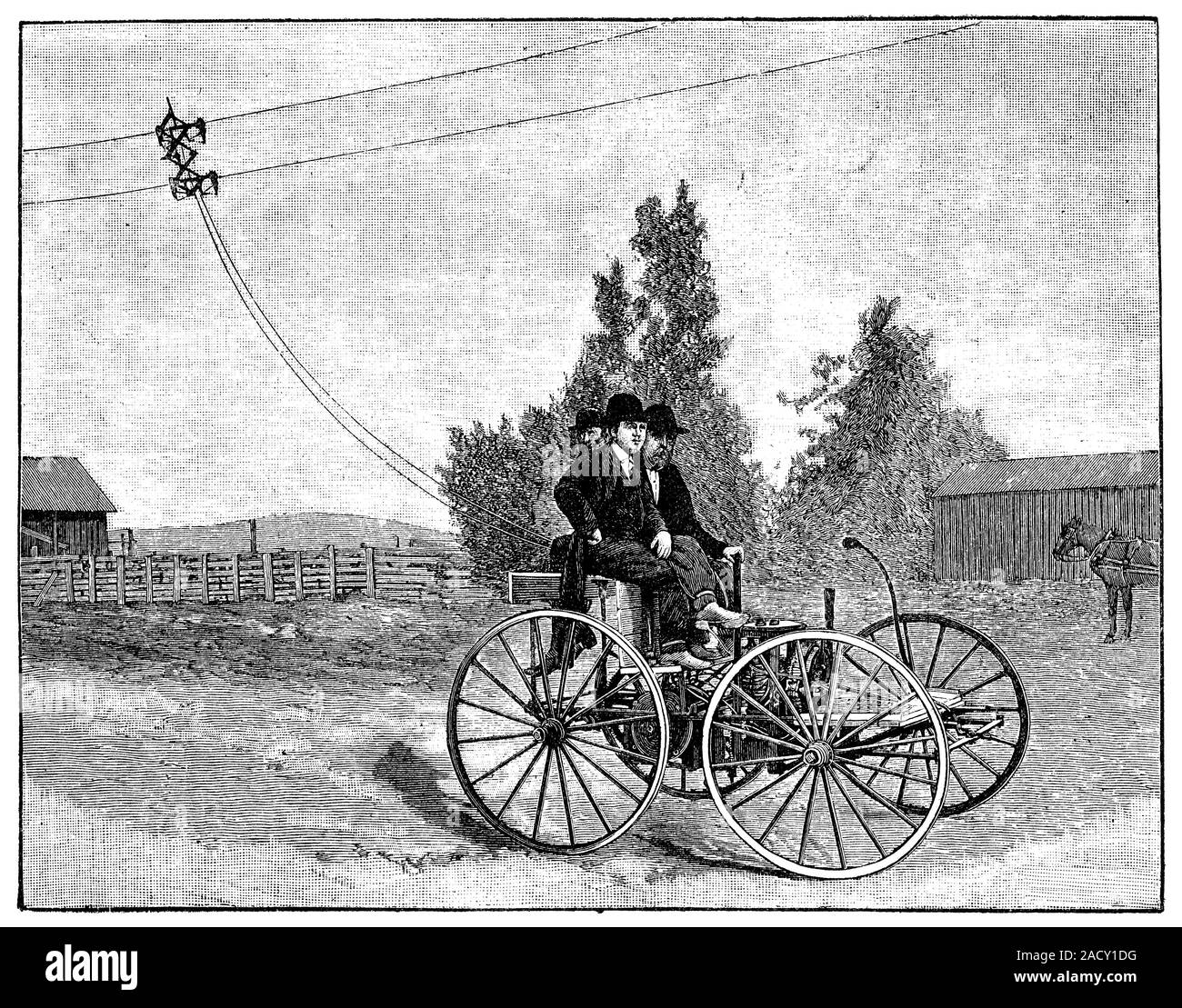 Early trolleybus system. 19th-century artwork of an early trolleybus ...